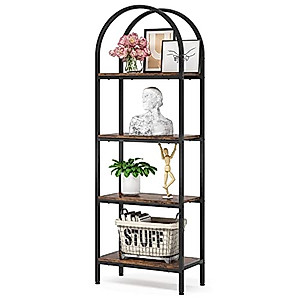 LITTLE TREE 4-Tier Arched Bookshelf, Tall Open Bookcase Storage Shelves, Wood Metal Freestanding Display Rack Tall Shelving Unit for Home Office, Bedroom, Living Room, Rustic Brown