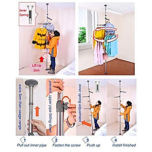 BAOYOUNI 4-Tier Standing Clothes Laundry Drying Rack Coat Hanger Organizer Floor to Ceiling Adjustable Metal Corner Tension Pole, Grey