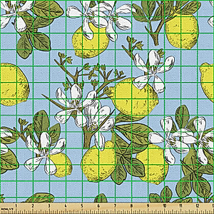 Ambesonne Botanical Fabric by The Yard, Fresh Lemon Patterns with Blossoms and Branches Botanical Spring Art, Decorative Fabric for Upholstery and Home Accents, 2 Yards, Yellow Blue