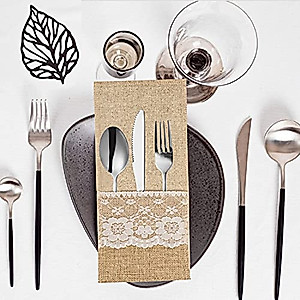 Gbateri 30 Pack Natural Burlap Cutlery Pouch,Burlap Silverware Holders Silverware Bags, Hessian Burlap Lace Utensil Napkin Holders, Knifes Forks Bag with Cotton Inner for Vintage Wedding Christmas