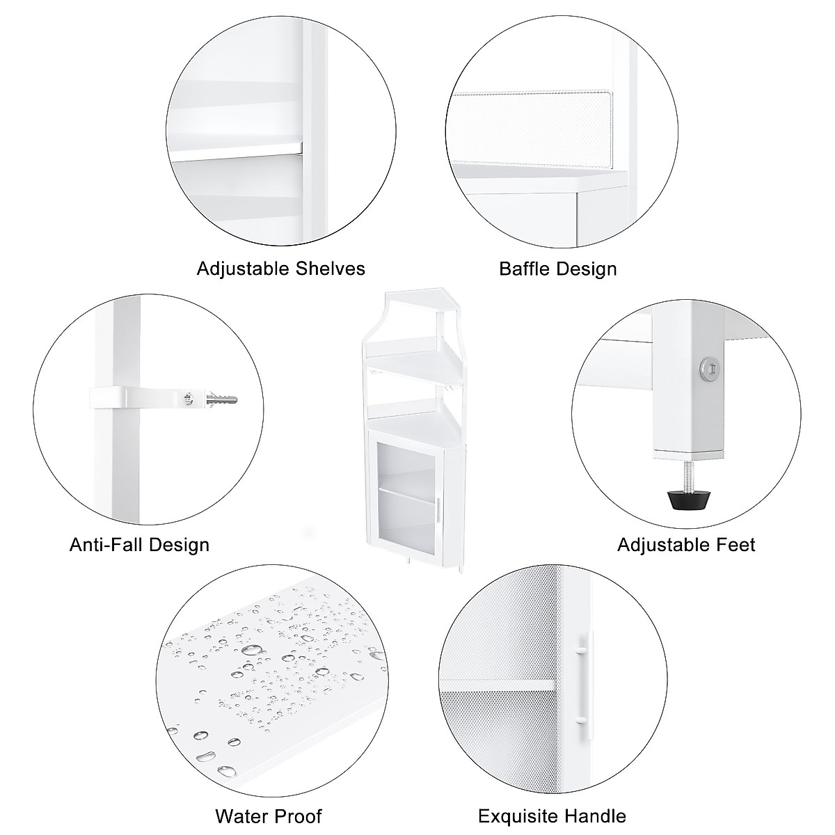 Corner Wine Rack, Bar Cabinet with Glass Holder and Storage Shelves, Baffle Design, Liquor Cabinet with Mesh Door & Adjustable Shelf, Home Bar Furniture for Living Room,Small Space White