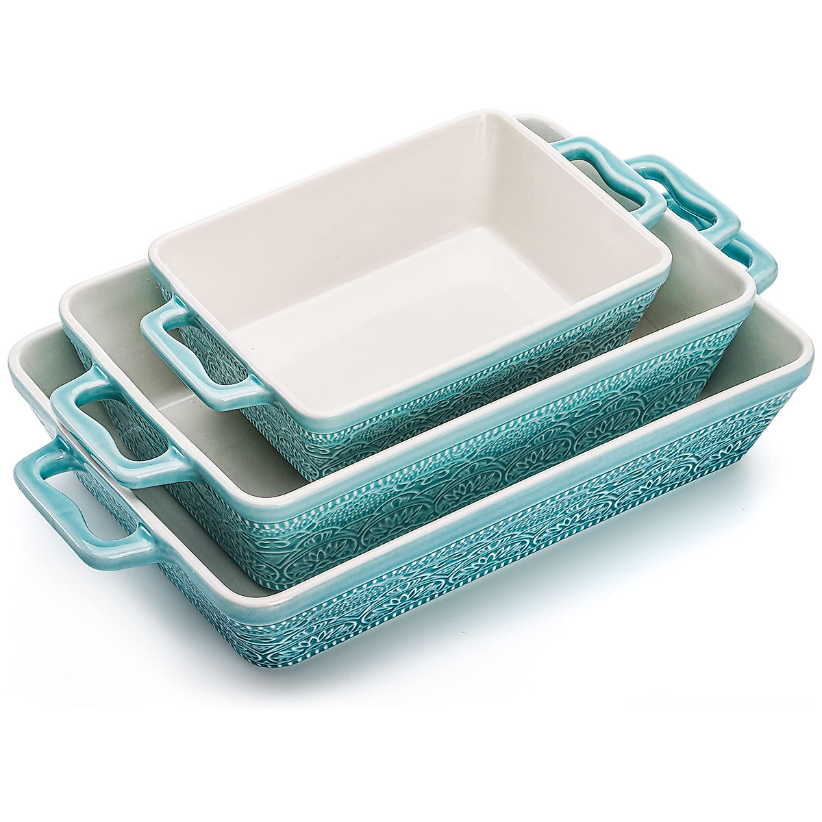 Hacaroa Set of 3 Ceramic Baking Dishes, Rectangular Bakeware with Handles, Elegant Casserole Dish Set Lasagna Pan for Baking, Cooking, Cake Dinner, Banquet, Lake Blue, 3 Sizes