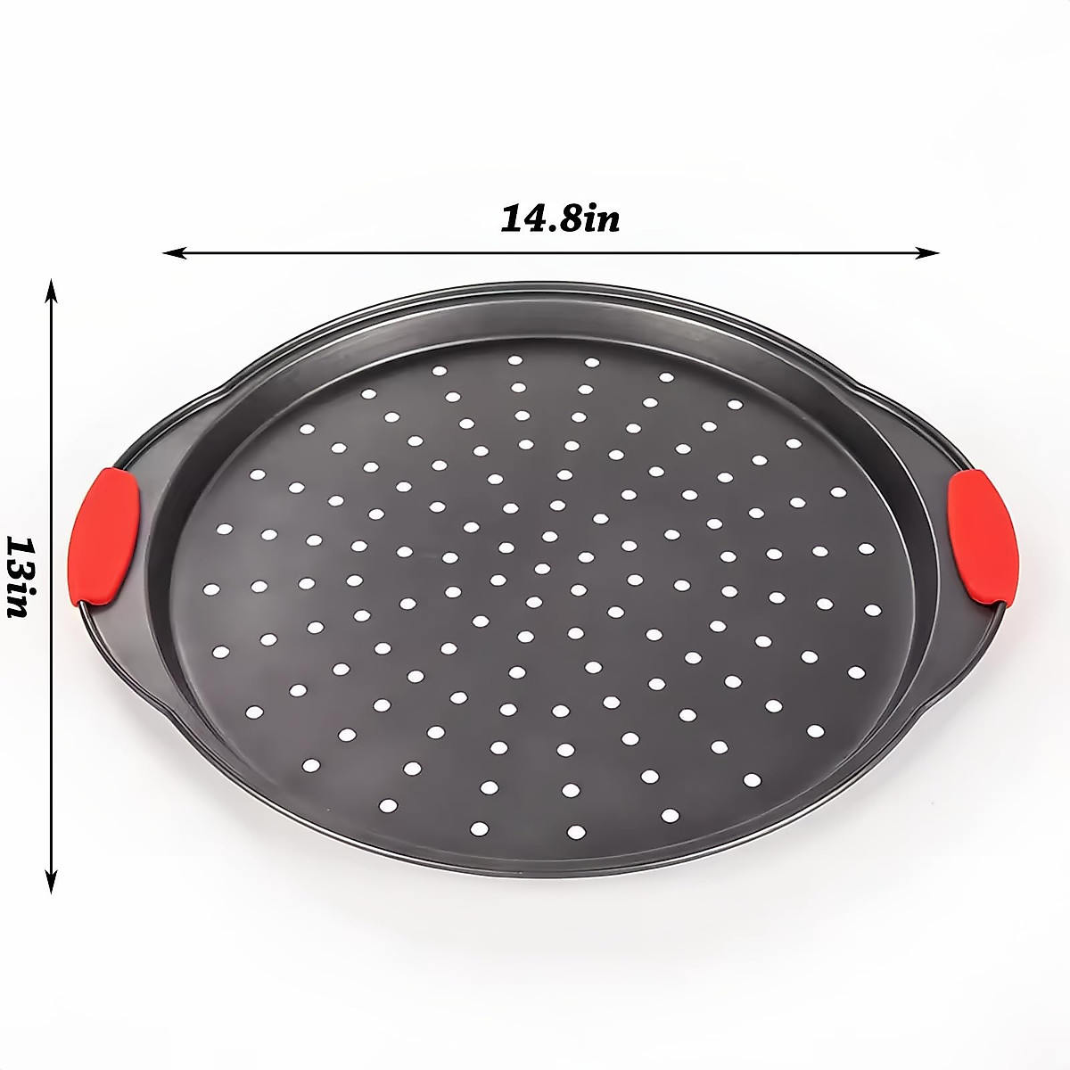 ZOEHROWS Pizza Pan for Oven (2 Pack) Round Pizza Pan with Holes - Non-Stick Carbon Steel Pizza Tray with Silicone Handles - for Cooking, Baking, and Grilling - Dishwasher Safe