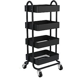 MIOCASA 4-Tier Metal Utility Rolling Cart, Heavy Duty Multifunction Cart with Lockable Casters, Easy to Assemble, Suitable for Office, Bathroom, Kitchen, Garden (Black)