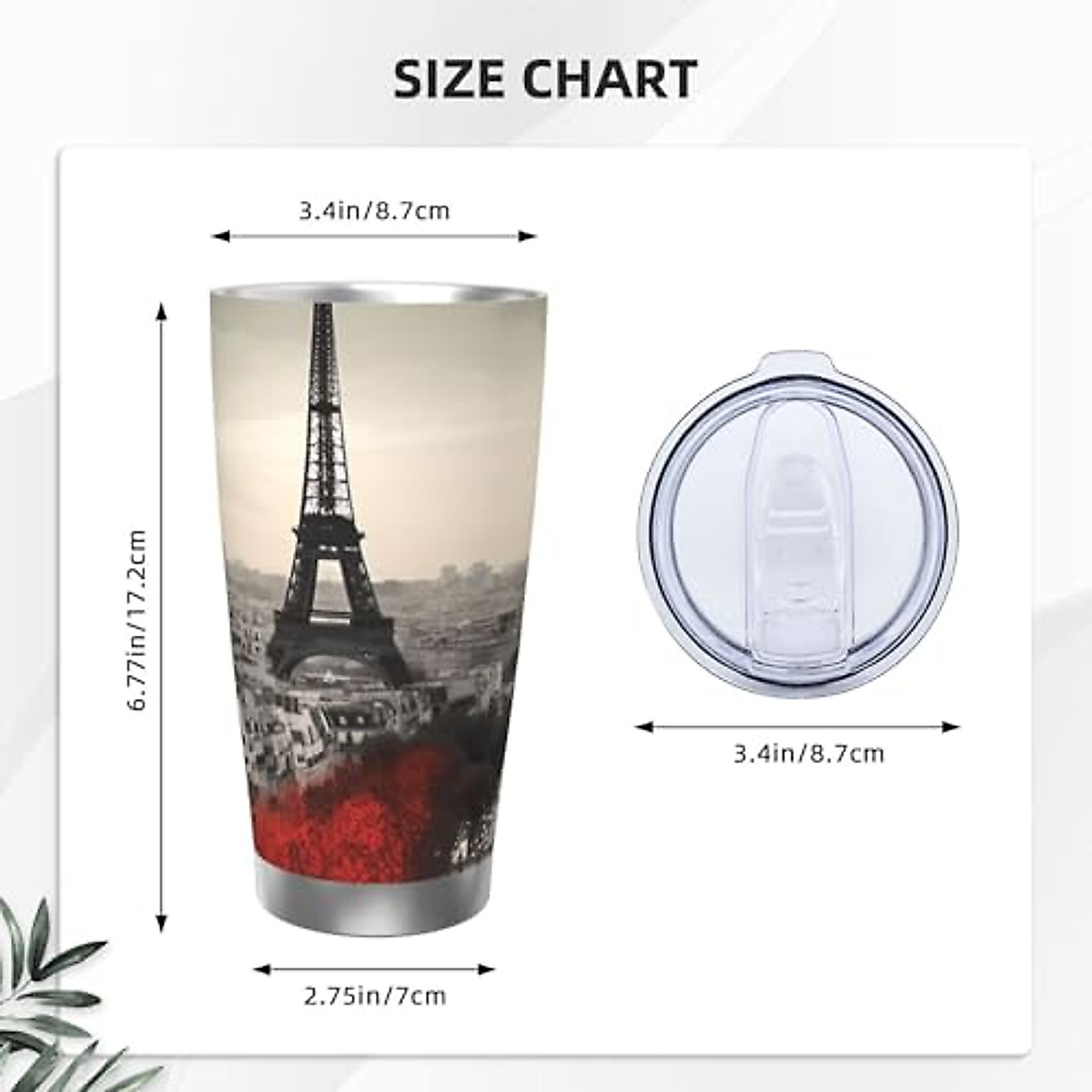Paris Tumbler with Lid and Straw 20oz Stainless Steel Car Cup for Hot and Cold Drinks, Double Wall Insulated Travel Coffee Mug Reusable Drink Thermos Cup Birthday Gifts