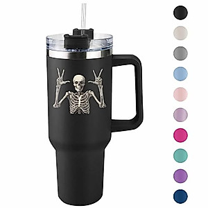LB LEOBON 40 ounce insulated cup with handle, double-layer vacuum stainless steel material, equipped with straw, can keep warm or maintain cold drinks Funny Skeleton black