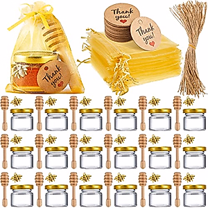 50 Pcs 1oz Small Glass Jars with Lids Mini Honey Jars with Wood Dipper, Bee Charms, Golden Gift Bags, Jutes, and Tags, Jars with Golden Lids for Baby Shower, Wedding, and Party Favors