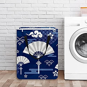 Japanese Fans and Florals Print Collapsible Laundry Hamper, 60L Waterproof Laundry Baskets Washing Bin Clothes Toys Storage for Dorm Bathroom Bedroom