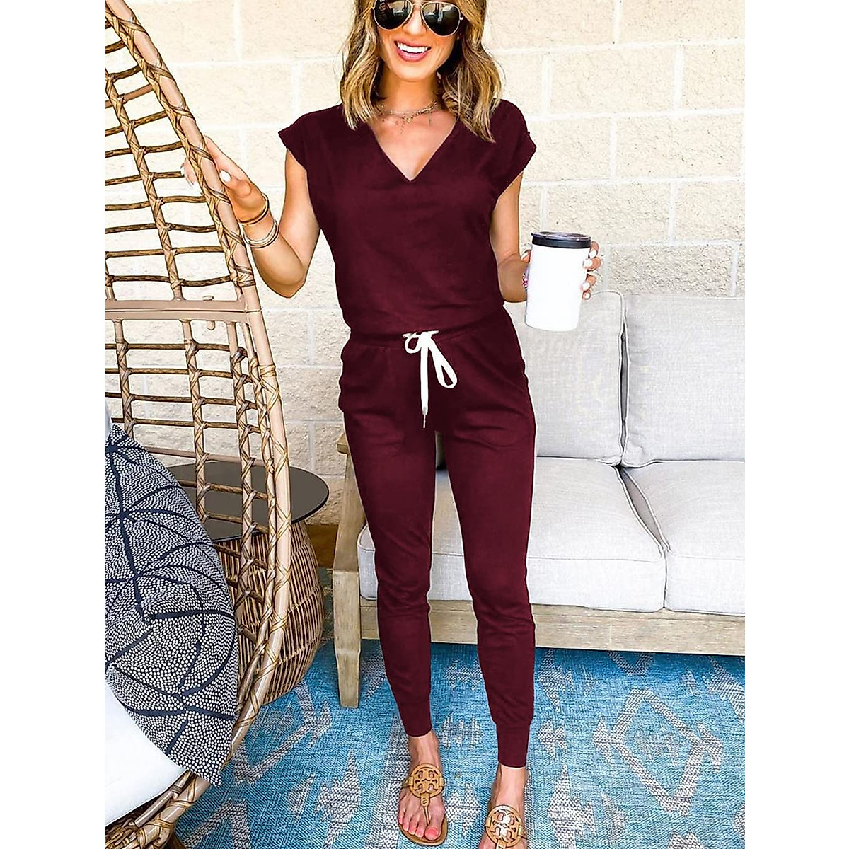 PRETTYGARDEN Women's Two Piece Tracksuit V Neck Short Sleeve Tops Long Pants With Drawstring Outfits Jogger Sets(Jujube Red,Small)