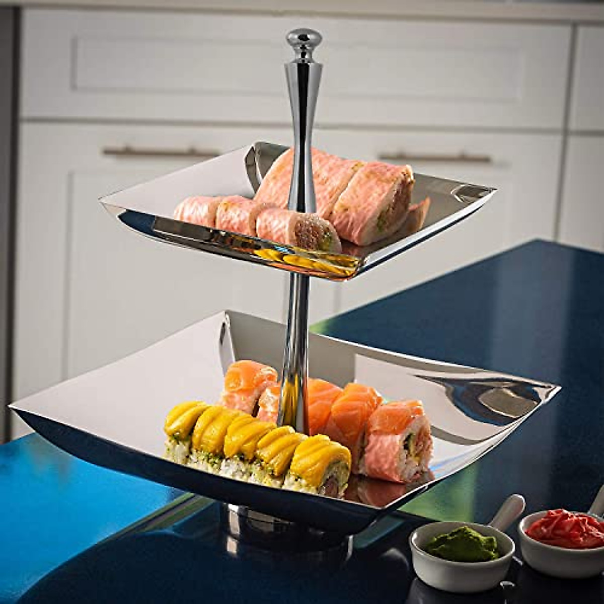 Colleta Home Tier Serving Tray- 2 Tier Cake Stand- Stainless Steel Server Stand- Cupcake Stand- Buffet Tower- Party Platter- Decorative Silver Dessert Tower