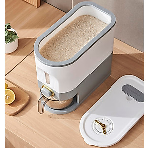 Sooyee 11 Lbs Rice Container, Large Grain Container Storage with Lid Measuring Cylinder Moisture Proof Household Cereal Dispenser Bucket for Kitchen Soybean Corn,White and Grey