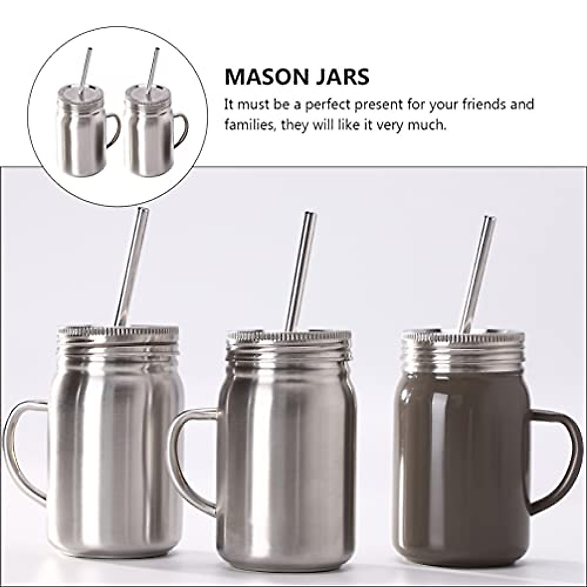 EXCEART Mason Jar Cups 2 Pcs 700ml Stainless Steel Insulated Mason Jar Tumblers Mug with Lids Straws Double Walled Drinking Travel Mugs Smoothie Cup for Water Coffee Juice Silver Mason Jar Beer Mugs