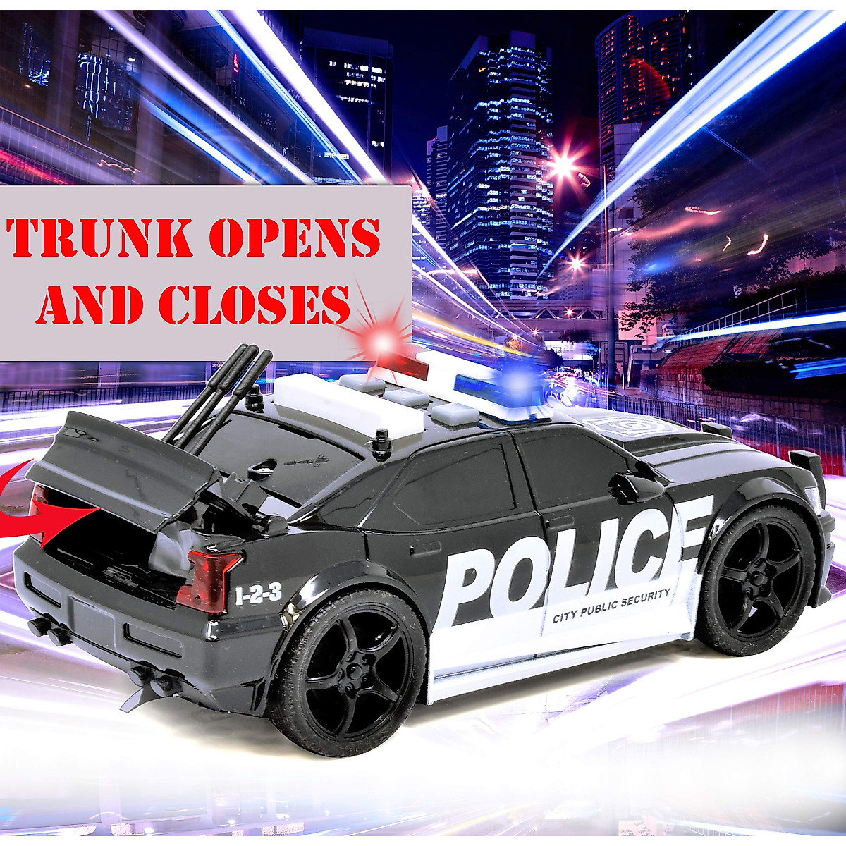 Number 1 In Service Friction Powered Police Car Toy Rescue Vehicle with Lights and Siren Sounds for Boys Toddlers and Kids, Pull Back 1:20 Diecast Vehicle Car