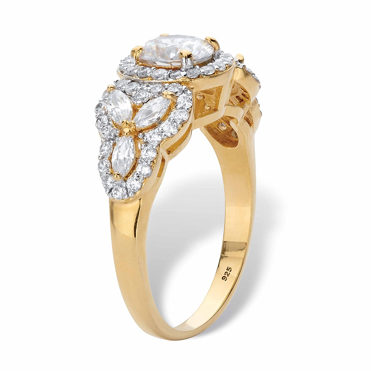 PalmBeach Jewelry Platinum-Plated or Yellow Gold-Plated Sterling Silver Round and Marquise Cut Cubic Zirconia Halo Engagement Ring Size 7
