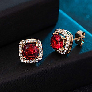 Austrian Crystal Cushion Cut Halo Stud Earrings for Women Fashion 925 Sterling Silver Hypoallergenic Jewelry (Red)