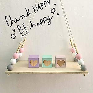 Baost Nordic Wood Beads Wall Hanging Shelf Board Wood Jute Rope Floating Shelves Hanging Storage Shelves Kids Room Nursery Wall Display Shelves Bedroom Organizer Pink White Grey