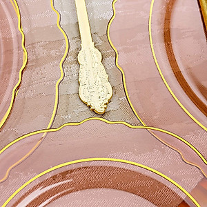 KIRE 210Pcs Clear Pink Plastic Plates with Gold Rim& Disposable Gold Plastic Silverware &Pink Cups&Hand Napkin- Plum Colored Plastic Dinnerware for Upscale Wedding & Mothers Day & Easter