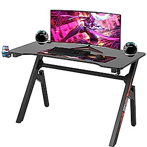 Computer Desk Gaming Desk Student PC Desk Writing Desk Office Desk Modern Ergonomic Racing Style Table Workstation Carbon Fiber Headphone Hook (47in, Red)