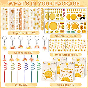 Erweicet Boho Sun Party Favors 72 PCS Sunshine Slap Bracelet Boho Rainbow Temporary Tattoos DIY Stickers Keychain Plastic Straws Gift Bags for Kids Sun Theme Birthday Party Baby Shower