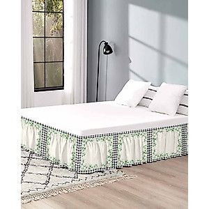 Black and White Buffalo Plaid Bed Skirt King Size 16 Inch Drop,Adjustable & Elastic Wrap Around Bed Skirts Pleated Dust Ruffles for Twin Full Queen Cal King Bed,Spring Leaves Green Watercolor Leaf