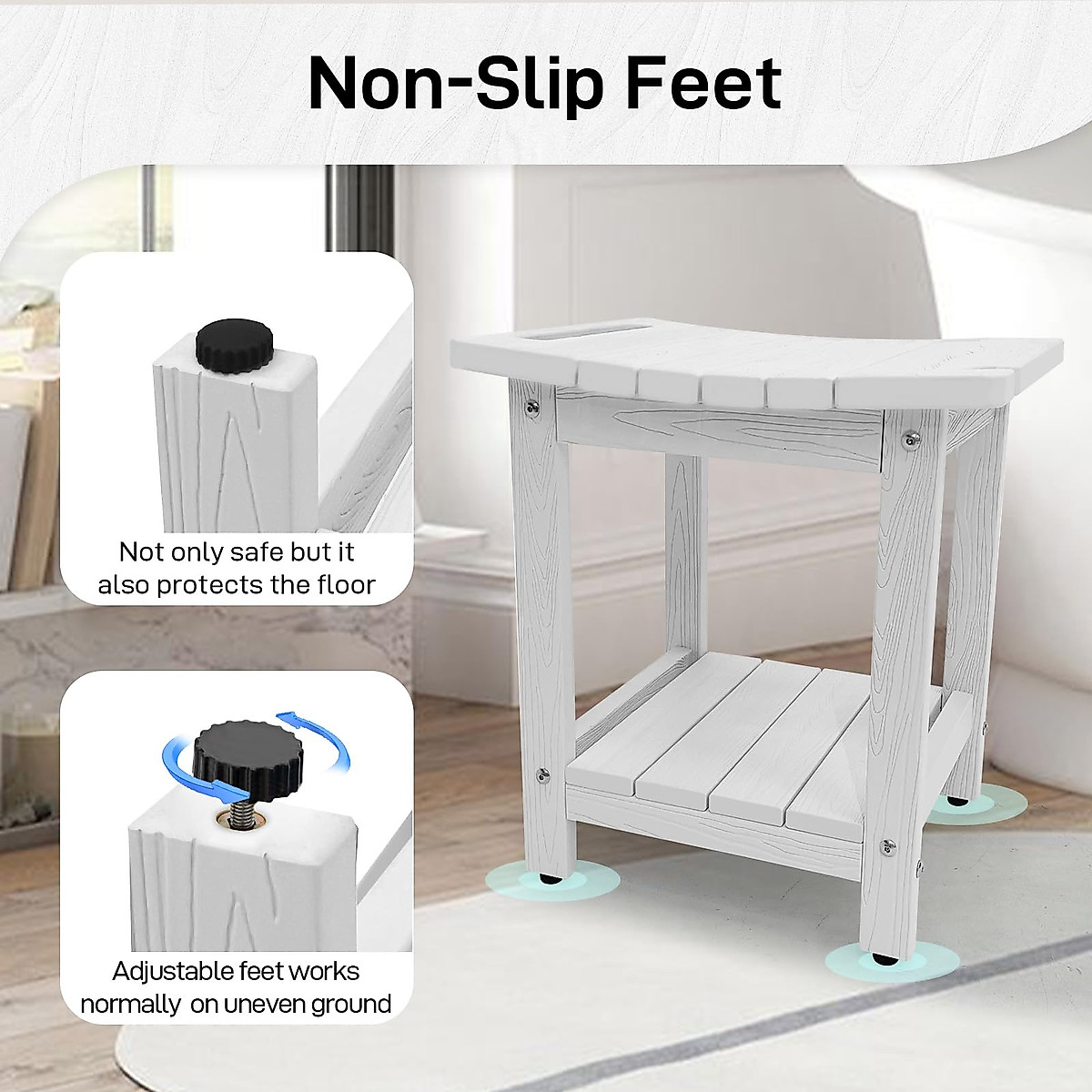 Juserox HDPS Shower Bench, Inside Shower Chair for Shaving Legs, Waterproof 2-Tier Bath Spa Shower Stool for Adults Sitting, Weather -Resistant No-Slip Indoor Outdoor Shower Seat, White