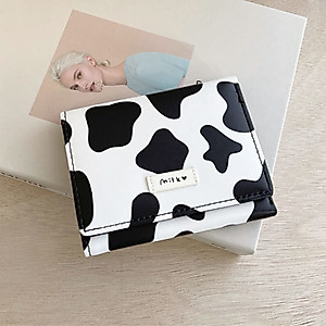 MOZXIRZ Women Girls Wallet Cute Cow Print Tri-Fold Wallet PU Leather Purse Slim Small Short Wallet Cartoon Trifold Cash Card Holder Bag (Black Cow)