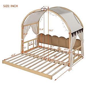 Polibi Twin Size Extended Bed with Arched Canopy, Trundle and Light Strip, Wooden Canopy Bed with Whiteboard (Natural)