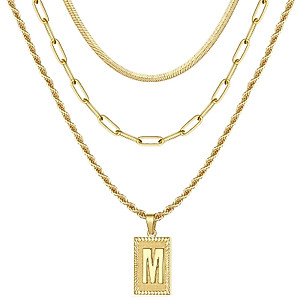Layered Initial Necklaces for Women, 14K Gold Plated Layering Snake Choker Necklace Paperclip Chain Necklace Square Letter M Initial Necklace Gold Layered Necklaces for Women Gold Necklaces for Women
