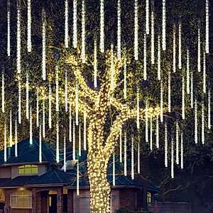 Joiedomi Christmas Meteor Shower Lights Falling Rain Drop Icicle String Lights 540 LEDs 10 Tube 50cm Warm White for Christmas Holiday Party Home Patio Outdoor Decoration