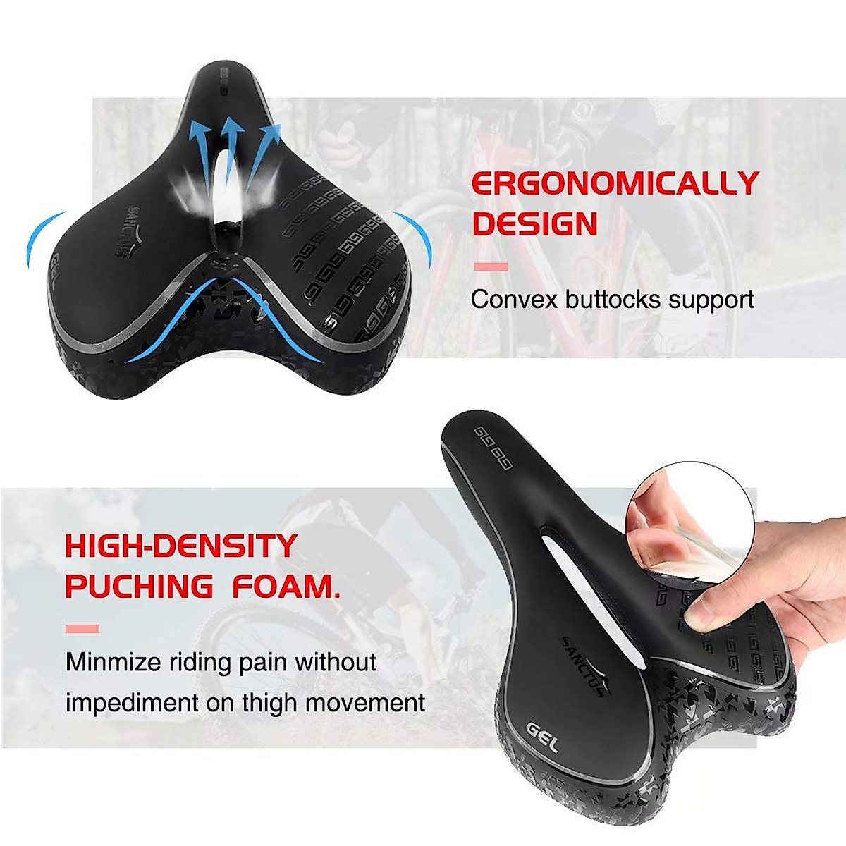 Sanctus Comfortable Bike Seat Men Women Gel Bicycle Saddle Padded Replacement Comfort Road Exercise Bikes Cushion with Waterproof Cove for MTB Mountain Bike Road Bike Exercise Bike