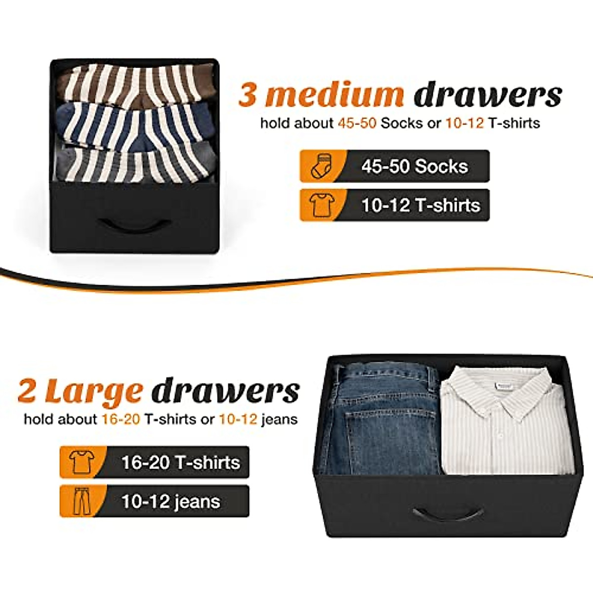 Dresser TV Stand, Entertainment Center with 5 Fabric Drawers, Media Console Table for TV with Open Storage Shelf Dresser for Bedroom/Living Room/Hallway Black