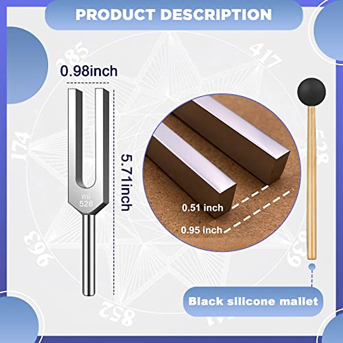 TENFLY 528 Hz Tuning Fork for Healing, DNA Repair, Reliever Stress and Perfect Musical Instrument, Frequency of Love, Silver, with Black Rubber Mallet, Triangular Silicone and Velvet Storage Bag