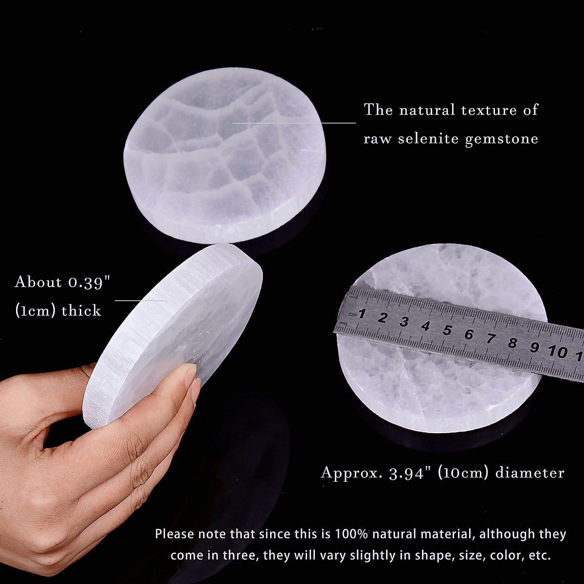 CNYANFEI 3pcs Selenite Charging Plates 4” Satin Spar Crystal Tray Natural Selenite Stone Coasters Circle Gemstone Slab Bulk