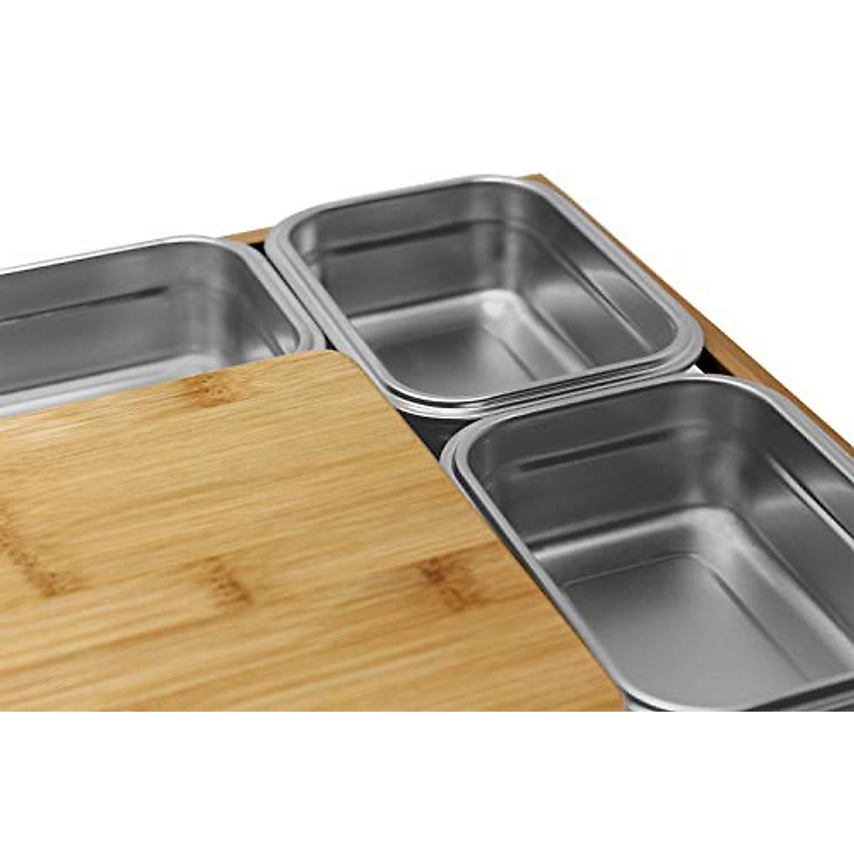 VERSACHOP Quattro - Totally natural organic bamboo cutting board with included stainless steel lunch boxes with airtight lids and serving tray. Perfect for meal prep, storage and organization.
