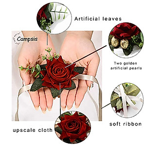 Campsis 2PCS Wedding Wrist Flower Wine Red Floral Wrist Corsage Bridal Rose Leaf Hand Flowers for Bride and Bridesmaid Festival Prom Engagement
