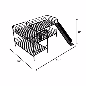 MOEO Twin Size L-Shaped Bunk Bed with Slide, Metal Bunkbed Frame w/Ladder & Safety Guardrail for 4, Bedroom, Home, No Spring Box Needed, Black