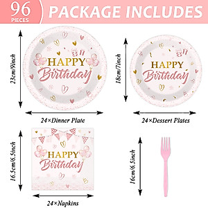 96 Pieces Pink Birthday Tableware Set for Pink Rose Gold Birthday Table Decorations Supplies Birthday Dessert Plates Napkins Forks Women Birthday Disposable Party Favors 24 Guests