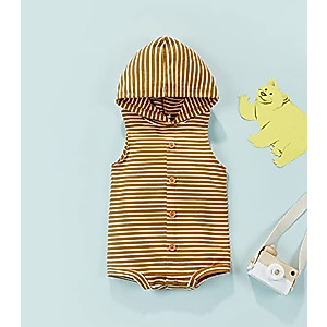 Newborn Baby Boy Girl Unisex Romper Infant Toddler One Piece Hooded Striped Bodysuits Sleeveless Buttons Clothes (A~Brown , 3-6 Months )