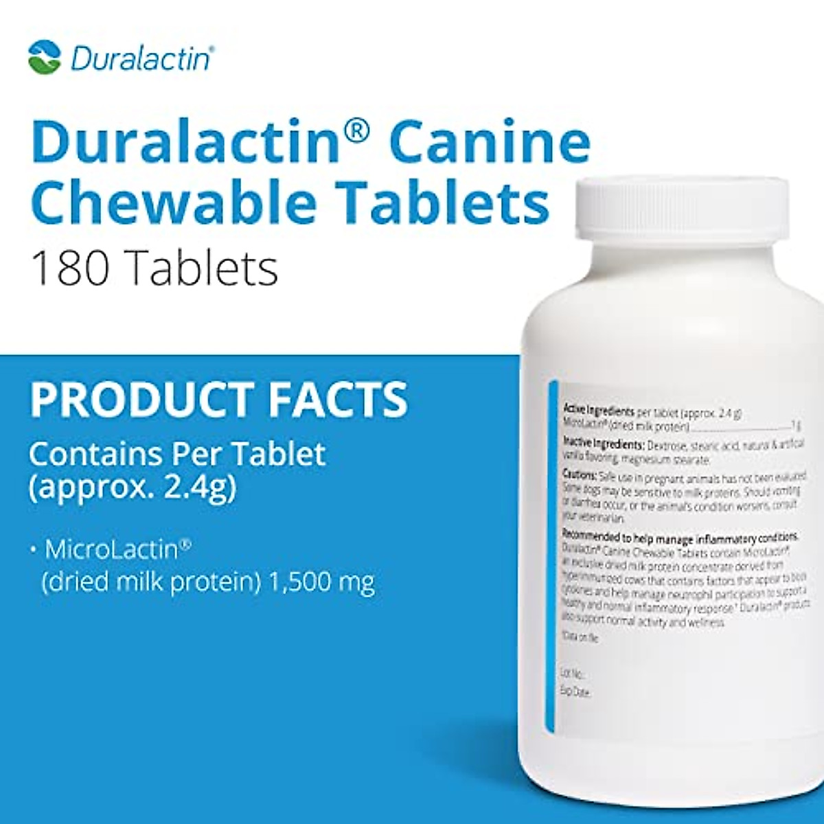 PRN Pharmacal Duralactin Canine Chewable Tablets - Joint Health Supplement for Dogs and Puppies Supports Reduced Inflammation - Vanilla-Flavored Tablets Containing Dried Milk Protein - 180 Canine Chews