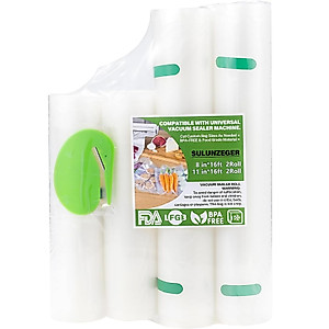 SULUNZEGER Vacuum Sealer Bags, 2 Rolls 8"X16' and 2 Rolls 11"X16' Airtight Food Storage Bag, Sous Vide Roll with Bags Cutter for Vacum Sealing Machine, Microwave Freezer Safe, BPA Free (Transparent)