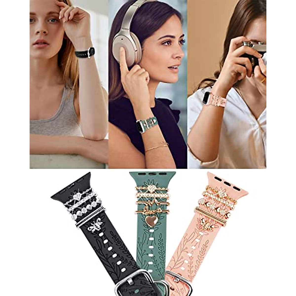 Watch Band Charms (Band Included), Compatible with Apple Watch Band 38mm 40mm 41mm, ORATYFAN Floral Engraved Silicone Bands & Metal Decorative Ring Loops Accessories for iWatch Series se 8 7 6 5 4 3 2 1