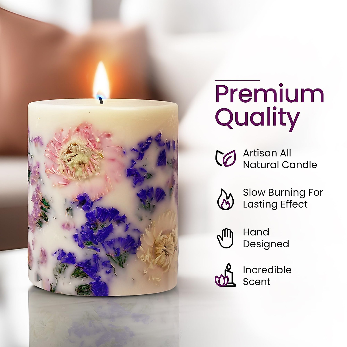 Vionami Gifts for Women Scented Pillar Candle - Long Burning Natural Soy Wax Scented Candle for Home - Gift-Boxed Hand Poured Luxury Candle with Dried Flowers & Tropical Rare Flower Scent (Forget Me)