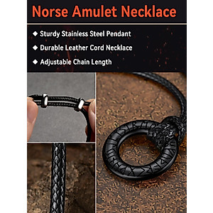 Viking Runes Necklace with Leather Neck Chains Black Stainless Steel Nordic Mythology Rune Charms