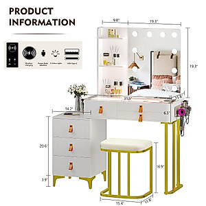 Gurexl Vanity Desk with Wireless Charging Station, Dressing Table with Lighted Mirror & 3 Lighting Modes Adjustable Brightness, Glass Top Makeup Vanity Table Set with 6 Drawers & Stool