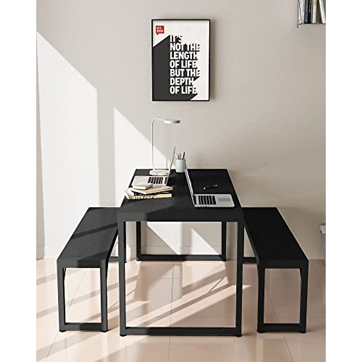 Bealife Dining Table Set for 4, Modern Kitchen Table Set with 2 Benches, 45.5in 3-Piece Soho Dining Room Table Set with Metal Frame and MDF Board, Sturdy Structure, Space-Saving Furniture (Black)
