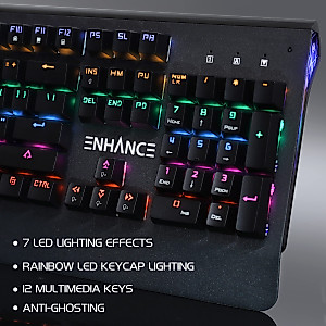 ENHANCE Pathogen 2 Blue Switch Mechanical Keyboard - Mechanical Gaming Keyboard with Fast 1ms Response Polling Rate with Integrated Wrist Rest, 26KRO & Anti-Ghosting, 7 LED Lighting Effects
