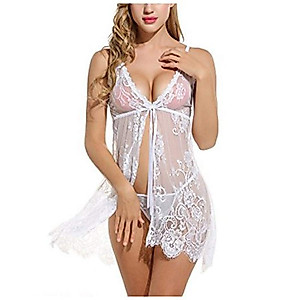 Aniywn Women Babydoll Lingerie Lace Floral Chemise Sleepwear Bridal Lingerie Dress V Neck Front Closure Strap Chemise Nightie White