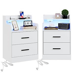 Nightstand with 2 Drawers, Nightstand Set of 2 with Led Light& Power Strip,15.7''Lx17.7''Wx26.8‘’H Night Stand for Bedroom,Bed Side Table with Charging Station,White
