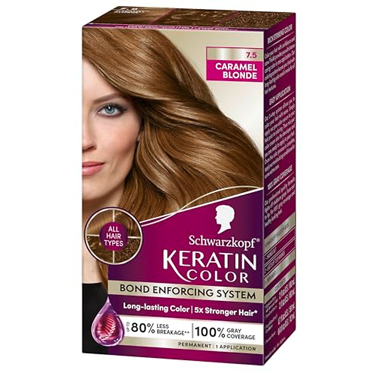 Schwarzkopf Keratin Color Permanent Hair Color, 7.5 Caramel Blonde, 1 Application Professionally Inspired Permanent Hair Dye for up to 80% Less Breakage vs Untreated Hair and up to 100% Gray Coverage