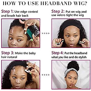 Rebasar Deep Wave Headband Wig Human Hair 14 Inch Curly Headband Wigs for Black Women Human Hair Glueless None Lace Front Wig Brazilian Virgin Hair Wear and Go Wigs 150% Density Natural Black Color